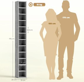HOMCOM knihovna/CD regál se 12 přihrádkami pro 204 CD, z MDF a dřevotřísky, 21x20x175 cm, Cementově šedá