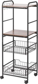 HOMCOM Kuchyňský vozík s kolečky, 2 regály, 2 odnímatelné košíky a 4 háčky pro jídelnu a koupelnu 40x38x111 cm Ořechová a černá | Aosom
