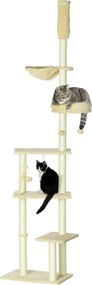 PawHut Podlaha ke Stropu 230-250 cm Kočičí Strom Škrábací Sloup pro Kočky s Nastavitelnou Výškou, Více Platforem, Košíky, Houpací Síť a Visící Míčky B