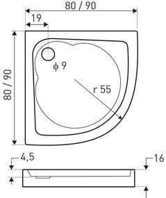 Novoterm Čtvrtkruhová akrylátová sprchová vanička NV-Alan 90x90, bílá