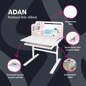Rostoucí psací stůl, růžová/bílá, ADAN