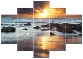 Gario Obraz s hodinami Západ slunce nad oceánem - 5 dílný Rozměry: 150 x 70 cm
