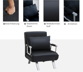 HOMCOM Rozkládací pohovka 2 v 1 s nastavitelným opěradlem 65L x 77W x 80H cm, snímatelný potah, polštáře, robustní a nerezavějící, polyester černá | …