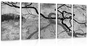 5-dílný obraz surrealistické stromy v černobílém provedení - 100x50 cm