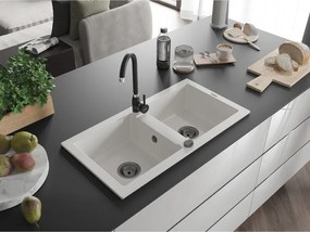 Mexen Mario, granitový dřez 820x436x161 mm, 2-komorový, bílá s černým sifonem, 6504822000-20-B