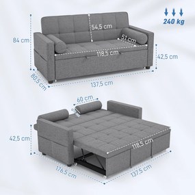 HOMCOM 2místná rozkládací pohovka 3‑v‑1 s dvojlůžkem, nastavitelným opěradlem a 2 polštáři 151x137,5x84 cm, šedá