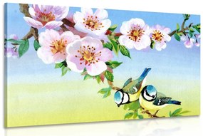 Obraz sýkorky a kvetoucí květiny - 120x80 cm