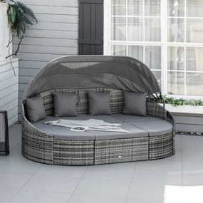 Outsunny ratanový sluneční ostrov 4-dílný se stříškou a sedací soupravou, 4 polštáře, kovově šedá, 230 x 145 x 80 cm pro zahradu a terasu |
