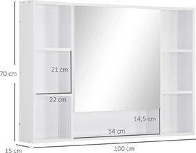 Kleankin koupelnové zrcadlo s otevřenými policemi a zrcadlovými dveřmi skříňky, úsporná bílá koupelnová skříňka, 100x15x70cm
