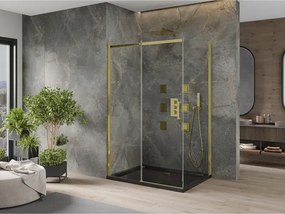 Mexen Omega, sprchový kout s posuvnými dveřmi 120 (dveře) x 90 (stěna) cm, 8mm čiré sklo, zlatý profil + slim sprchová vanička černá + zlatý sifon, 825-120-090-50-00-4070G