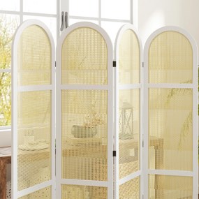 HOMCOM Dřevěná Příčka do Interiéru 4 Panely 170 x 160 cm, Skládací a Přenosná, Ručně Tkaný Vzor, Oddělovací Příčka pro Obývací Pokoj a Ložnici, Bílá