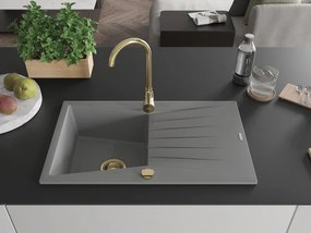 Mexen Cesar, granitový dřez 775x470x190 mm, 1-komorový, šedá se zlatým sifonem, 6514771010-71-G