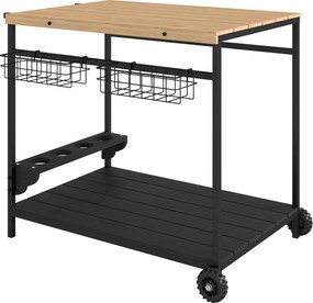 Dřevěný pojízdný servírovací vozík Outsunny s 2 policemi, 2 kovovými koši a držáky na víno pro zahradu a patio 97,5x65x81 cm Přirozená a Černá | Aosom