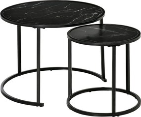 HOMCOM Sada 2 moderních stohovatelných kulatých stolů s deskou z imitace mramoru a ocelovým rámem Ø60x46 cm a Ø40x40 cm černá | Aosom
