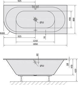 Polysan VIVA R SLIM 185 x 80 x 47 cm 72129S asymetrická vana pravá bílá