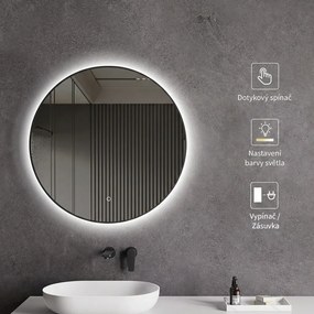 CERANO - Koupelnové LED zrcadlo Velo, kovový rám - černá matná - Ø 60 cm