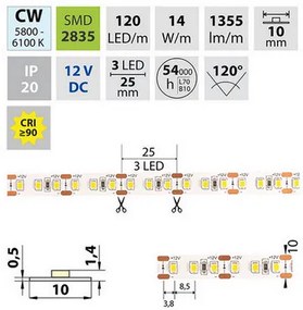 LED pásek McLED 12V studená bílá CRI90 š=10mm IP20 14W/m 120LED/m SMD2835 ML-121.368.60.2