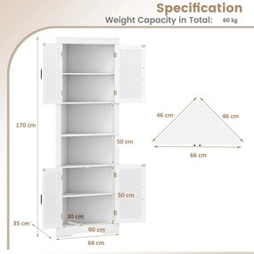 Costway Rohová skříňka s policemi bílá, 170 x 35 x  60 cm JV12319WH