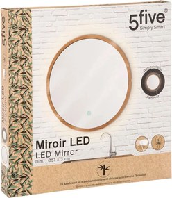 Koupelnové zrcadlo s LED podsvícením, bambusový rám, Ø 57 cm