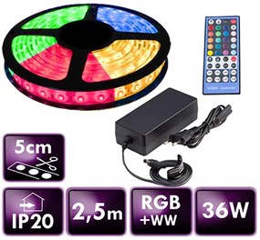 BERGE LED pásek - RGB+WW - SMD 5050 - 2,5m - 60LED/m - 14,4W/m - 1400L - IP20 - SADA