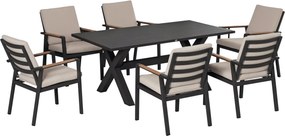Outsunny 7dílná jídelní souprava pro zahradní patio - 1 stůl + 6 židlí s polštáři, weatherproof hliníkový rám, černá + šedá | Aosom