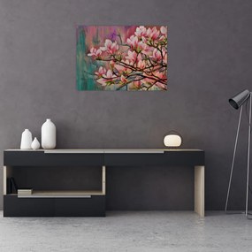 Skleněný obraz - Olejomalba, Rozkvetlá sakura (70x50 cm)