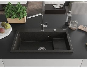 Mexen Omar, 1-komorový granitový dřez 800x480x210 mm, černá-zlatá metalíza, chromový sifon, 6520801005-75