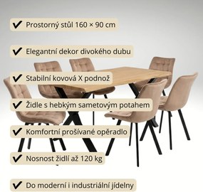 Vikio Jídelní set pro 6 osob 160x90 cm dub noha X béžová židle VJS236-6BE-S