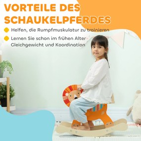 Houpací kůň s designem lva, nosnost 25 kg, 2-5 let, dřevo, oranžový
