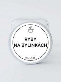 Samolepka na kořenky RYBY NA BYLINKÁCH bílá 5 cm tučné písmo