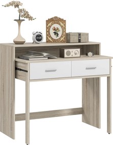 HOMCOM Rozkládací konzolový stůl se 2 výsuvnými policemi, 2 zásuvkami a 2 protišmykovými kolečky, Dvouramenný stůl 95x35x87 cm Dub | Aosom