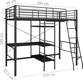 Rám poschoďové postele se stolem černý kov 90 x 200 cm 287907