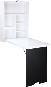 Nástěnný skládací stůl HOMCOM s 5 přihrádkami, bílá a černá deska, 60x94,5x147cm, prostorově úsporný pro domácí kancelář