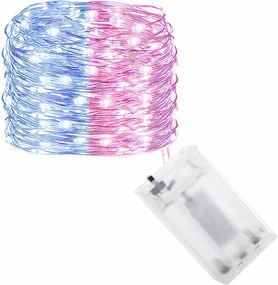 LED řetěz Nano Duo - 10m, 100LED, 3xAA, modrá/růžová
