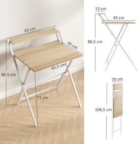 HOMCOM skládací počítačový stůl 65,5 × 45 cm s úložnou policí — kompaktní psací stůl do ložnic a malých prostor, přírodní dřevo