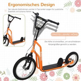 HOMCOM Dětská koloběžka od 5 let koloběžka Městská koloběžka s pneumatikami 16 palců vpředu 12 palců vzadu Oranžová 135x58x88-94 cm