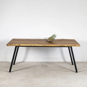 KULHÁNEK Jídelní stůl ze 2 ks masivních fošen a šikmou ocelovou podnoží Velikost desky: 210x90 cm, Odstín podnože: černá - RAL 9005
