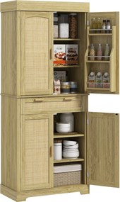 HOMCOM Vysoký Boho styl kuchyňský kredenc se 2 skříňkami a zásuvkou, kuchyňská skříňka se dřevěnými a ratanovými stojany na koření, 76x40x183cm, Dub |