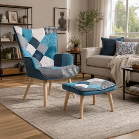 Relaxační křeslo ušák s podnožkou LYRO - modrá patchwork látka