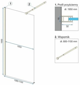Rea Aero Ombre, sprchová zástěna Walk-In 110x195 cm, 8mm čiré sklo s bílým vzorem, zlatý matný profil, REA-K2465