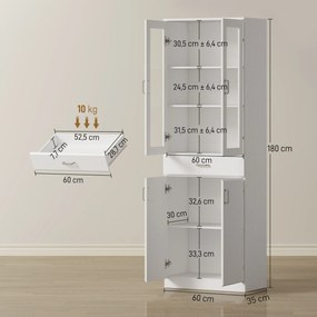 HOMCOM vysoký kuchyňský bufet, kuchyňská skříňka, 4 dveře z toho 2 skleněné, zásuvky, nastavitelné police, 60x35x180cm, bílý