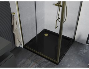 Mexen Apia sprchový kout s posuvnými dveřmi 90 (dveře) x 90 (stěna) cm, 5mm čiré sklo, zlatý profil + černá sprchová vanička SLIM, 840-090-090-50-00-4070G