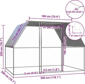 Klec pro kuřata stříbrná a šedá 3 x 2 x 2 m pozinkovaná ocel 155889