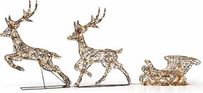 3D LED svítící jeleni a sáně, 180 × 86 × 18 cm, teple bílá, 380 LED, drát, hnědá, IP44
