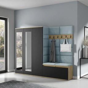 Eka Předsíňová stěna s čalouněnými panely Trinity 15 - Dub Artisan s černou / Světlá modrá 2322