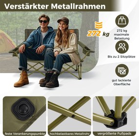 Costway Nadměrná kempingová židle pro 2 osob skládací dvousedák s nastavitelnými