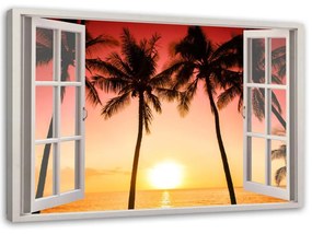 Obraz na plátně Výhled z okna na palmy při západu slunce - 90x60 cm
