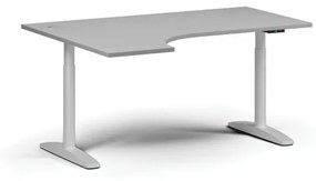 Výškově nastavitelný stůl OBOL, elektrický, 675-1325 mm, rohový levý, deska 1600x1200 mm, bílá zaoblená podnož, šedá