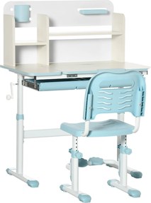 HOMCOM Dětský stůl a židlička pro děti od 3 let s nastavitelnou výškou, sklápěcí deskou, zásuvkou a policí 80x52x88-109 cm a 35,5x44,5x66-80 cm Modrá