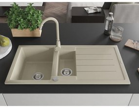 Mexen Andres 1,5-komorový granitový kuchyňský dřez s odkapávačem 100x50 cm a kuchyňská baterie Telma, béžová, 6515-69-670200-69